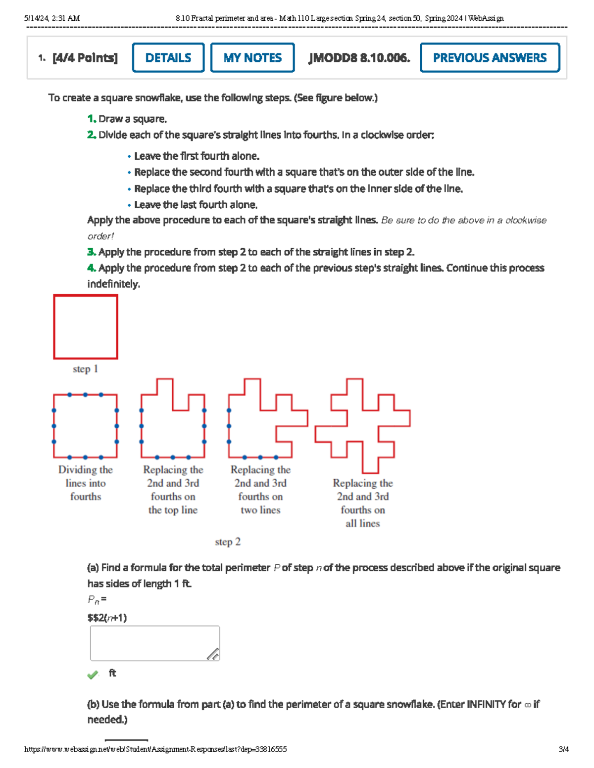 8.10 Fractal perimeter and area - Math 110 Large section Spring 24 ...