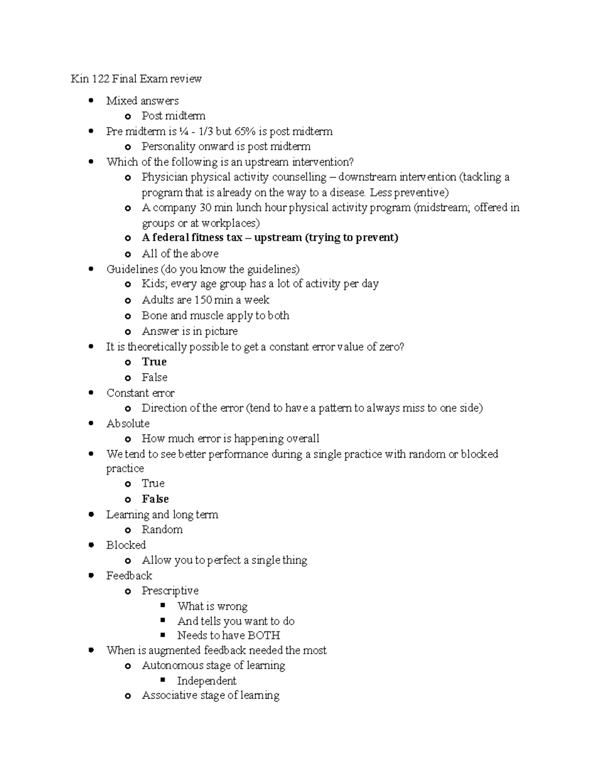 Kin 122 Final Exam review - Kin 122 Final Exam review Mixed answers o ...