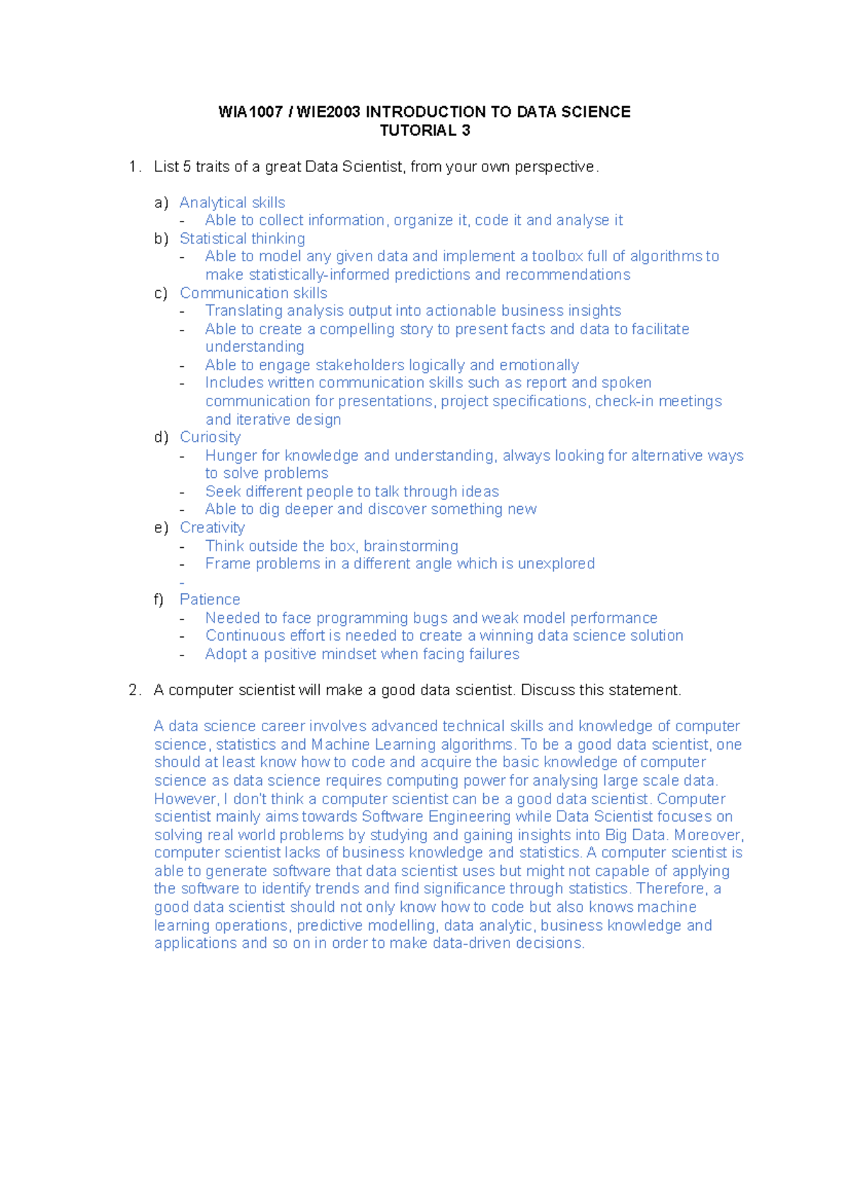 Tut 3 Ds Q Subjective Wia1007 Wie2003 Introduction To Data Science Tutorial 3 List 5