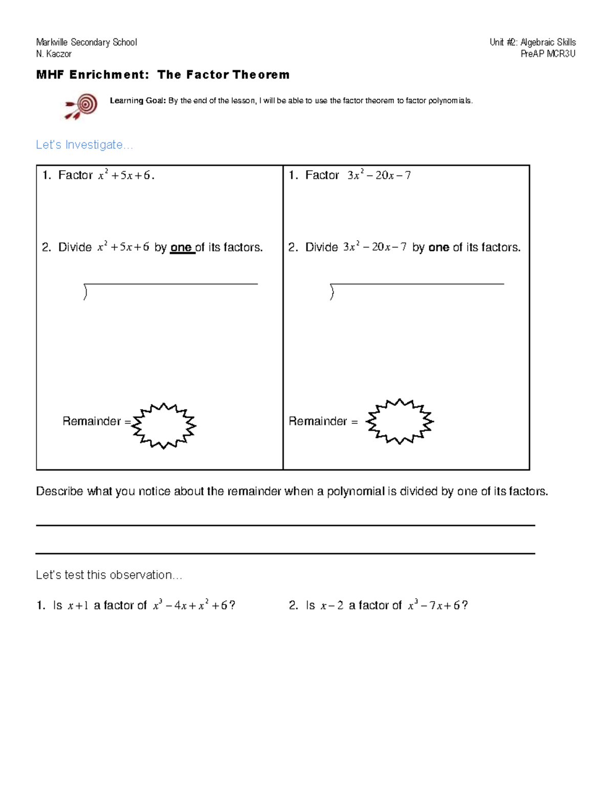 The Factor Theorem - Test - Markville Secondary SchoolN. Kaczor MHF ...