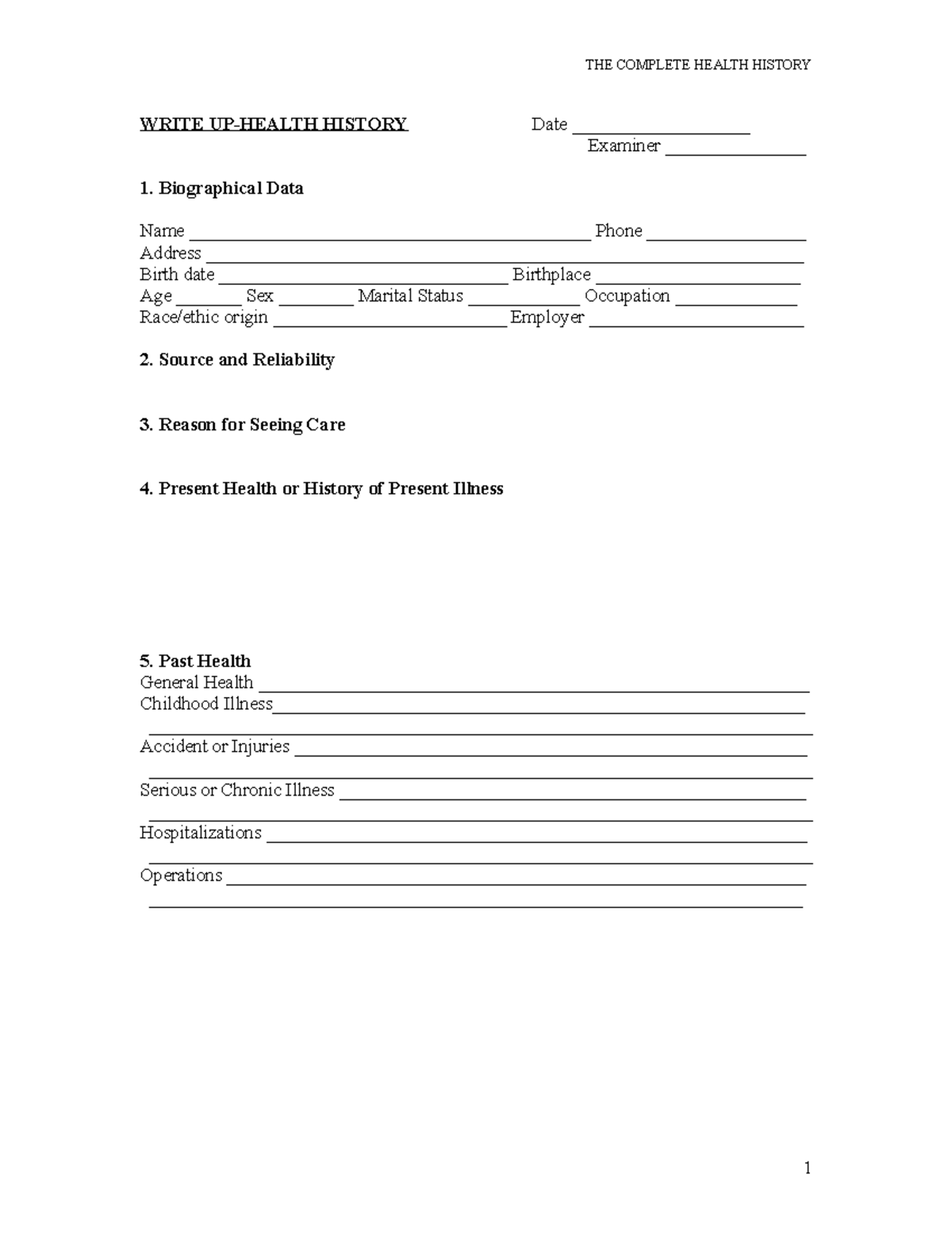 Health History Form - WRITE UP-HEALTH HISTORY Date ...