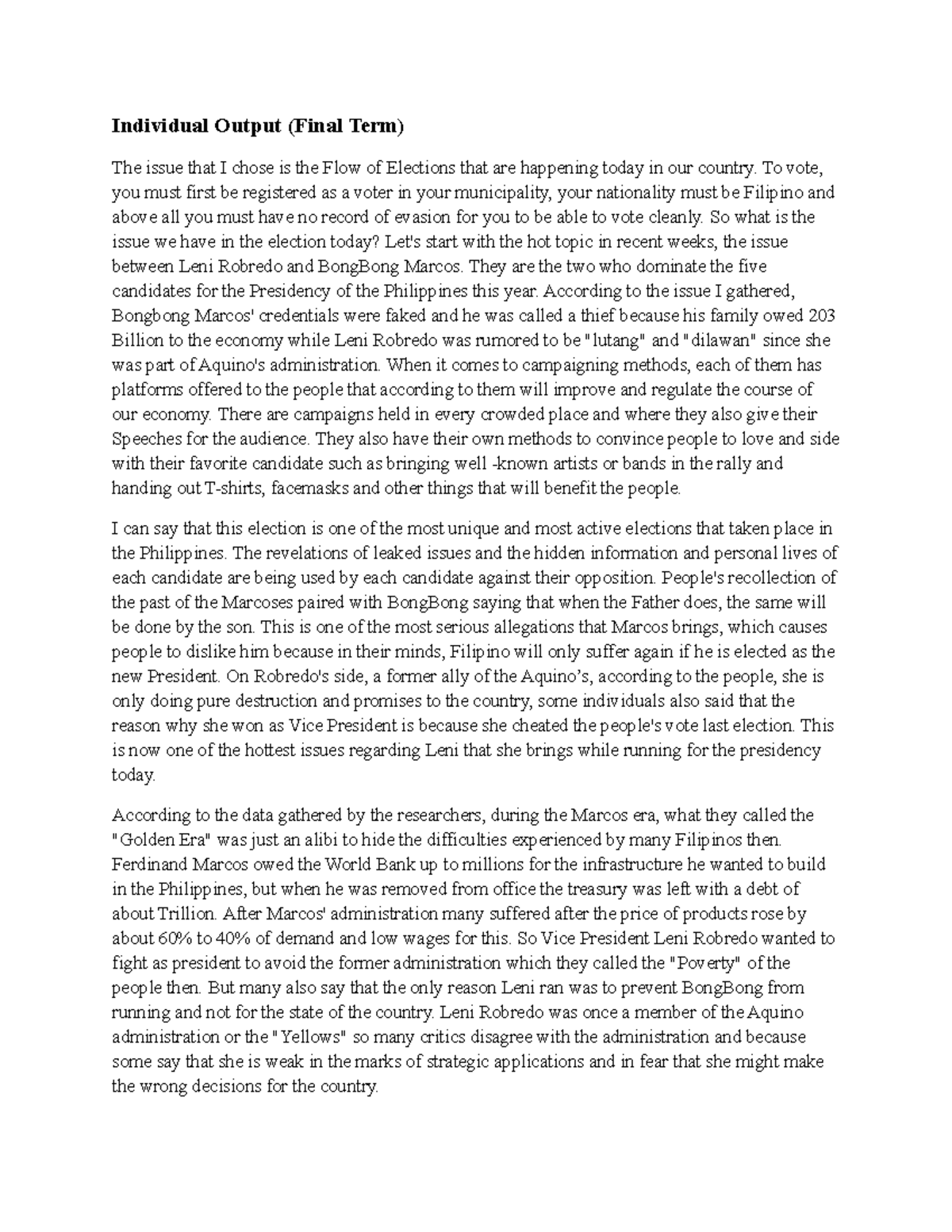 Individual Output RPH - Individual Output (Final Term) The issue that I ...