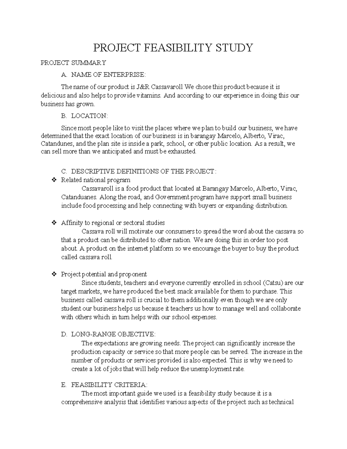 Project Feasibility Study - PROJECT FEASIBILITY STUDY PROJECT SUMMARY A ...