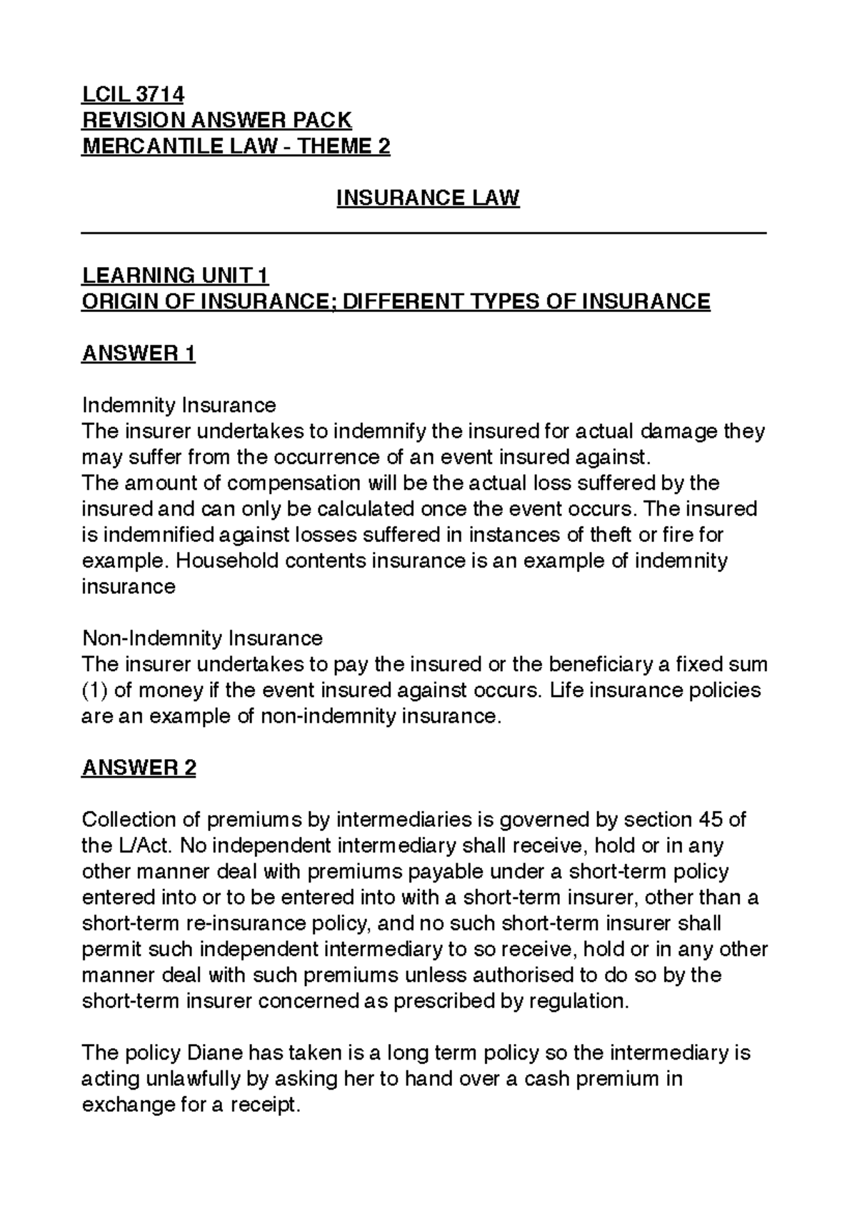 Insurance LAW Answer PACK - LCIL 3714 REVISION ANSWER PACK MERCANTILE ...