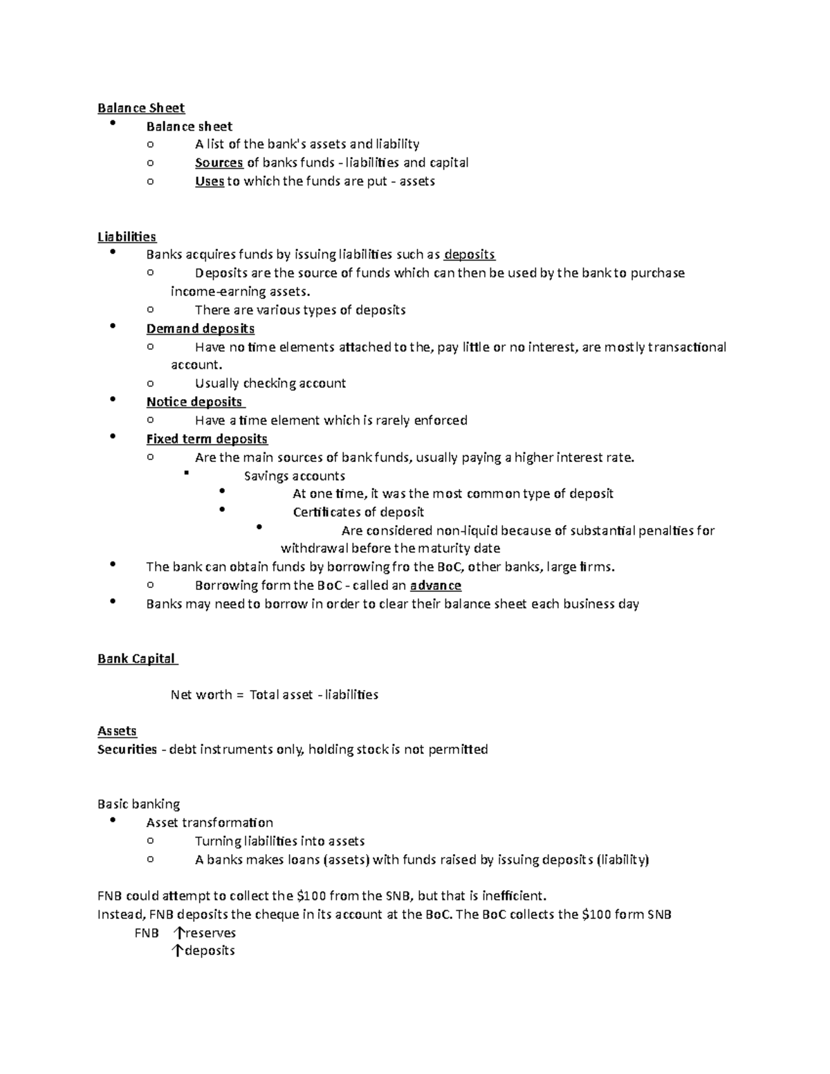 Econ 206 Chapter 5 - course note - Balance Sheet Balance sheet o A list ...