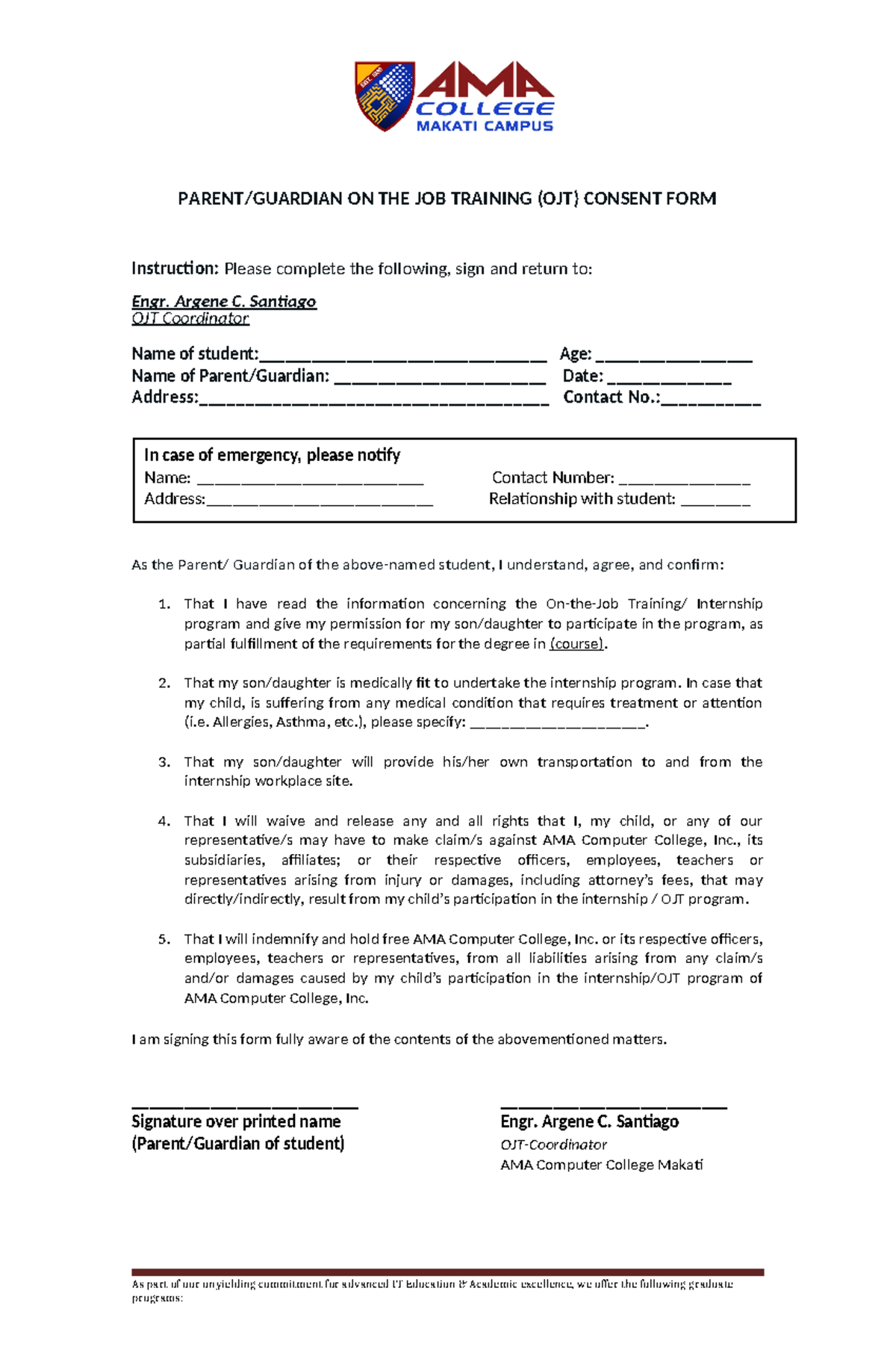 Parent Guardian (OJT) Consent FORM - PARENT/GUARDIAN ON THE JOB TRAINING (OJT) CONSENT FORM ...