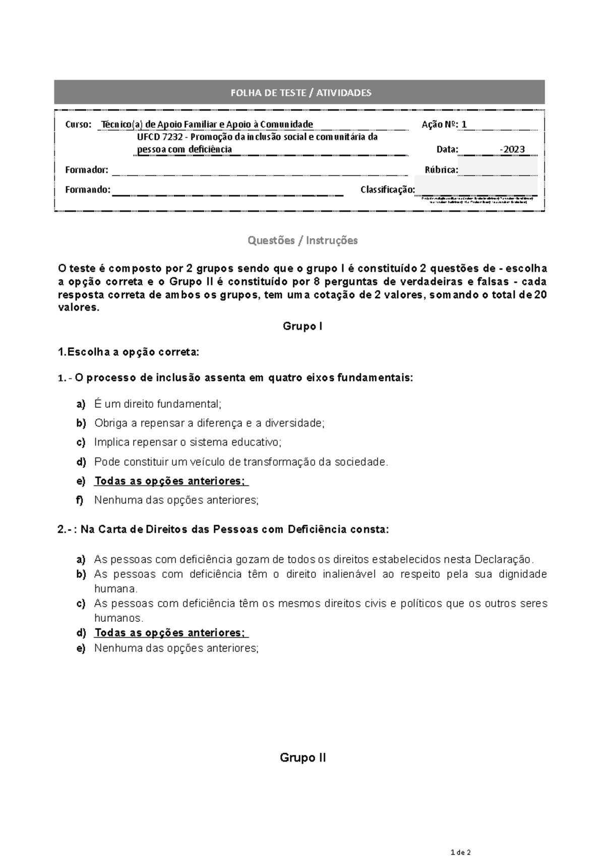 Folha de Teste Atividades- 7232 - FOLHA DE TESTE / ATIVIDADES Curso ...