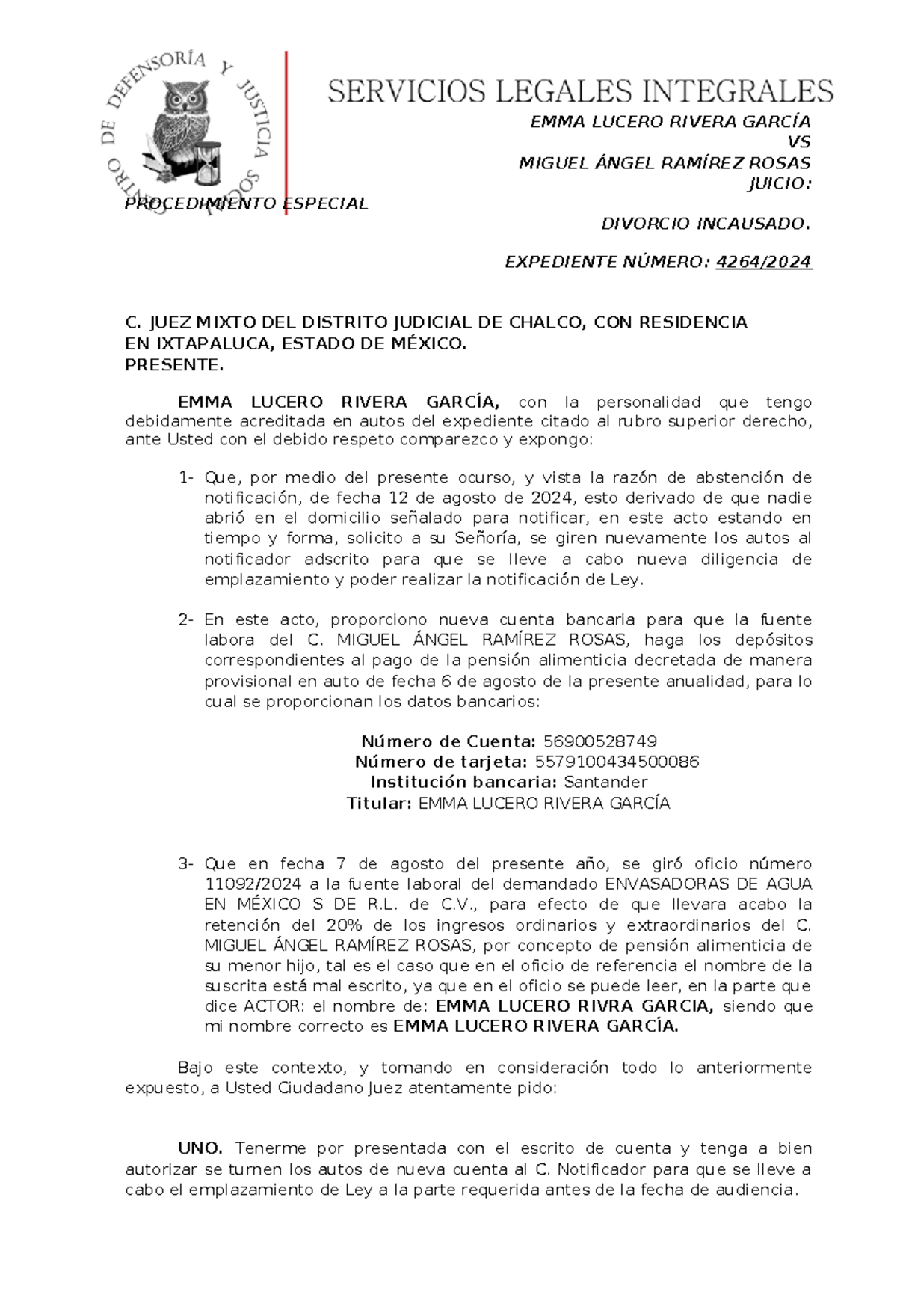 SOLICITUD DE Nueva fecha emplaza - EMMA LUCERO RIVERA GARCÍA VS MIGUEL ...