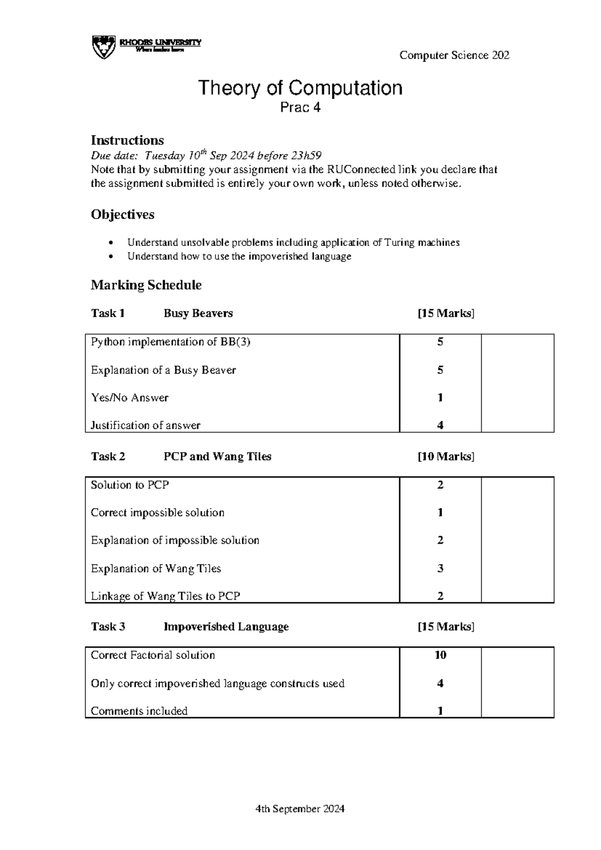 Prac 4 2024 Theory Of Computation CS202 - Computer Science 202 4 th September 2024 Theory of ...