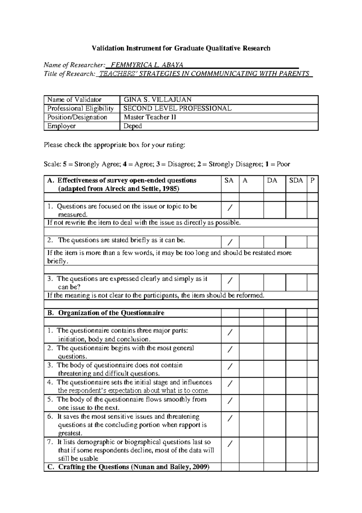 Validating Qualitative Research Instrument Gina S Villajuan Validation Instrument For