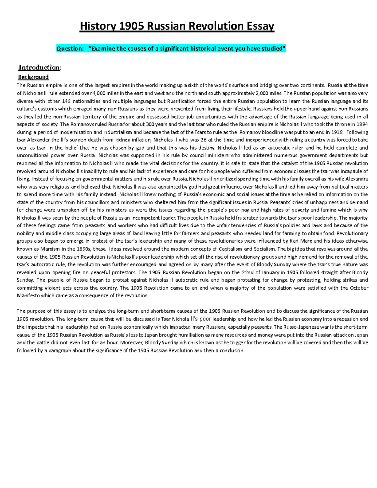 Yr 12 History Excellence Causes Essay - History 1905 Russian Revolution ...