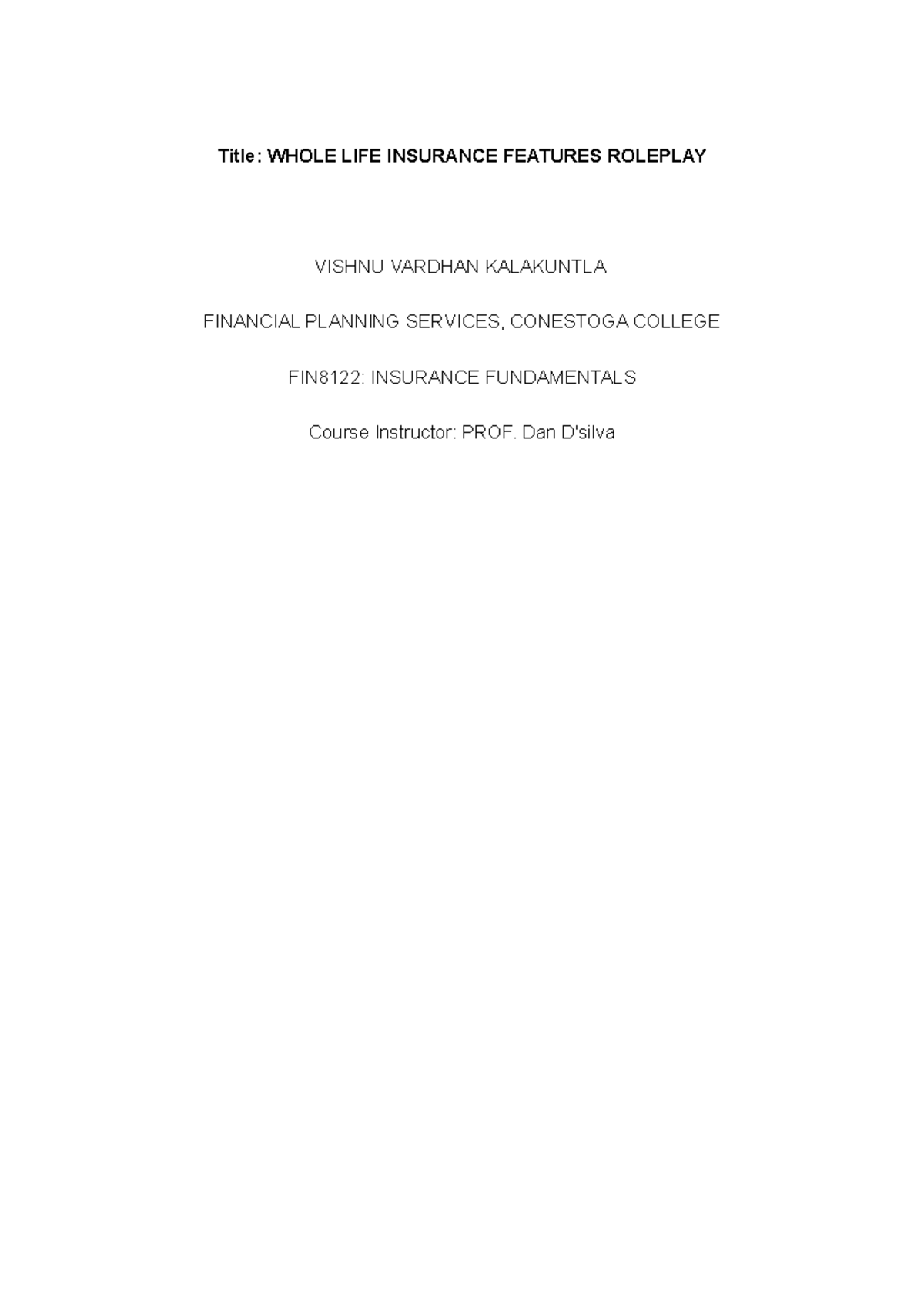 Whole life insuarance - roleplay script - Title: WHOLE LIFE INSURANCE ...