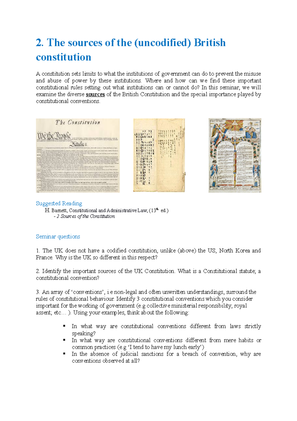 Seminar Questions 2 The sources of the Constitution. - 2. The sources ...
