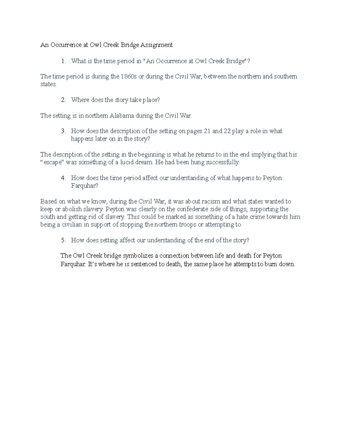 An Occurrence at Owl Creek Bridge Assignment - What is the time period ...