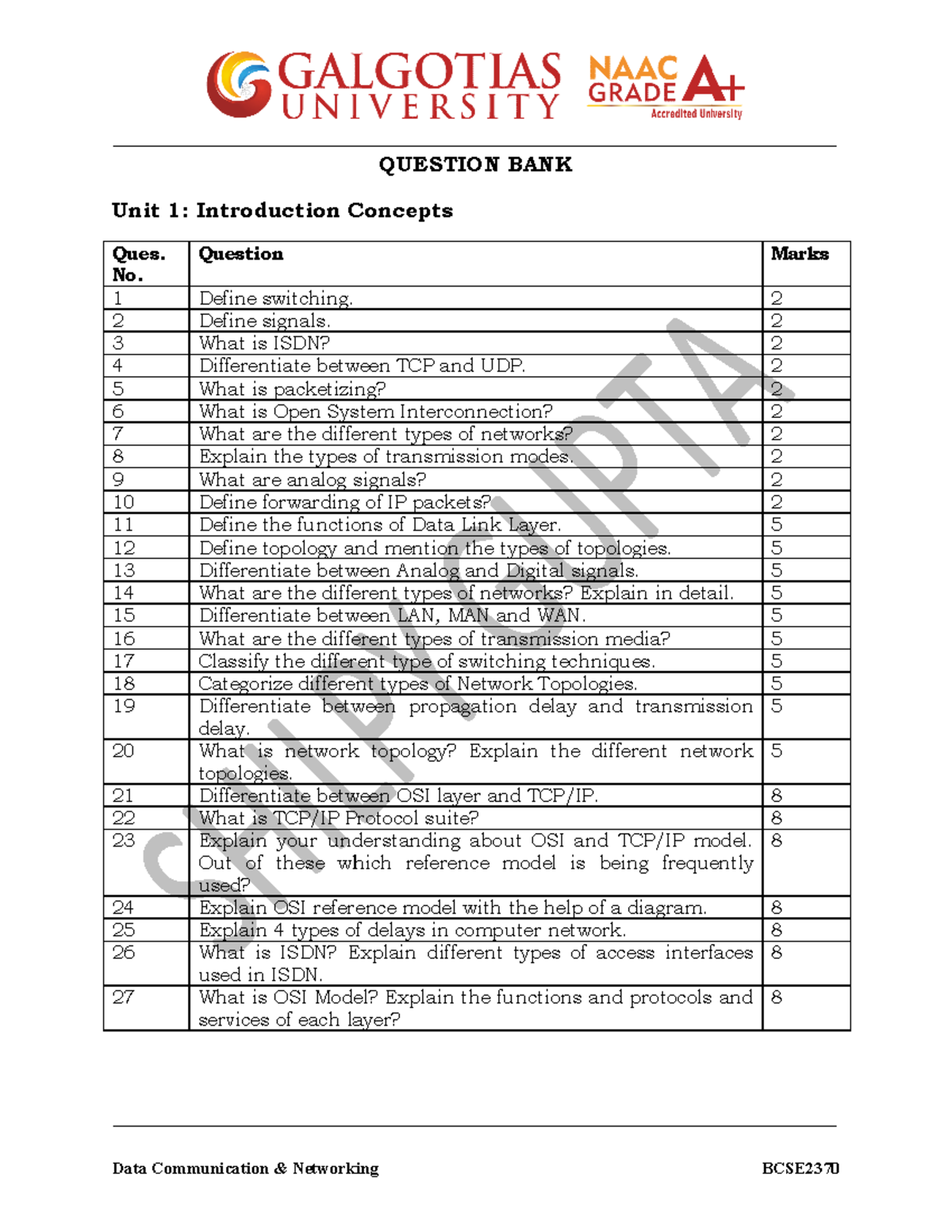 DCN BCSE2370 Question Bank - Unit 1: Introduction Concepts Ques. No. Question 1 Define switching ...