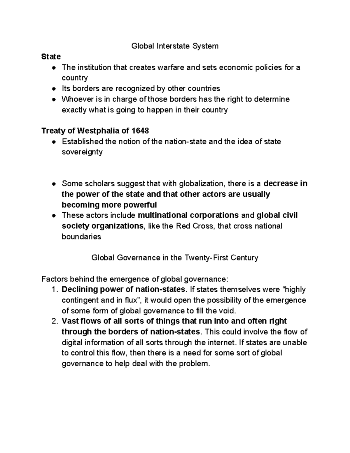 SS1 Notes Midterm EXAM - Social - Global Interstate System State The ...