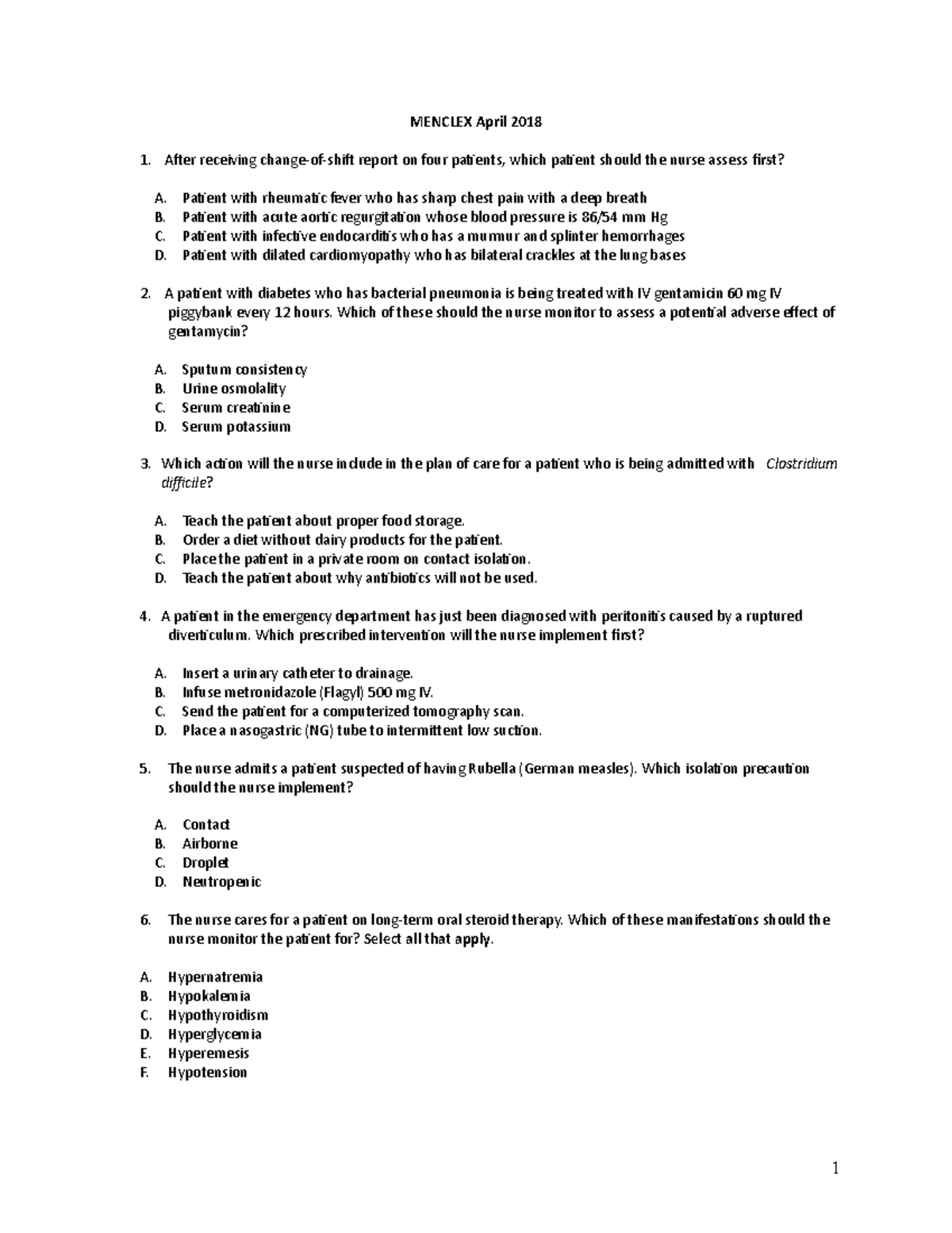 Nclex Review - outline - MENCLEX April 2018 After receiving change-of ...