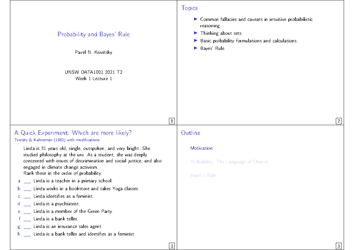DATA1001 Week 01 Lecture 1 Probability Bayes handout 2x2 - 1 ...