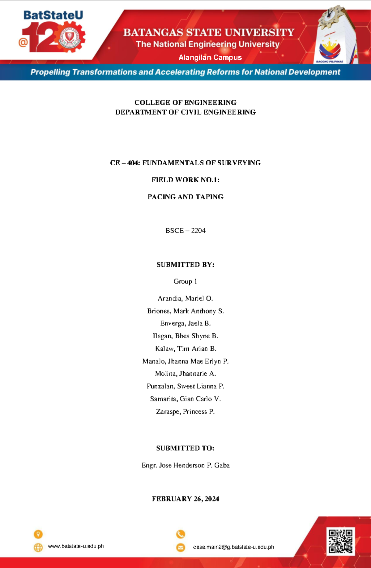 Field-Work-1-Pacing And Taping-Group 1-Revised - . GCH, Alangilan ...