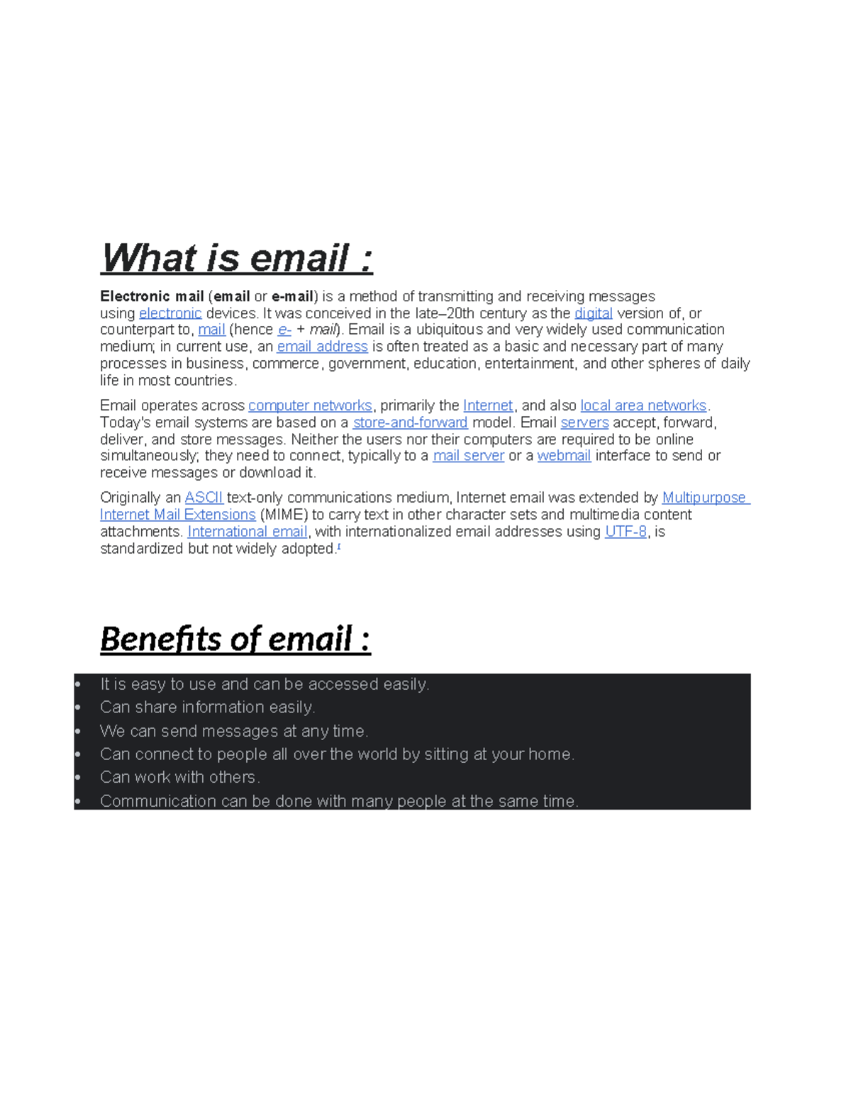Sarthak - What is email : Electronic mail (email or e-mail) is a method ...