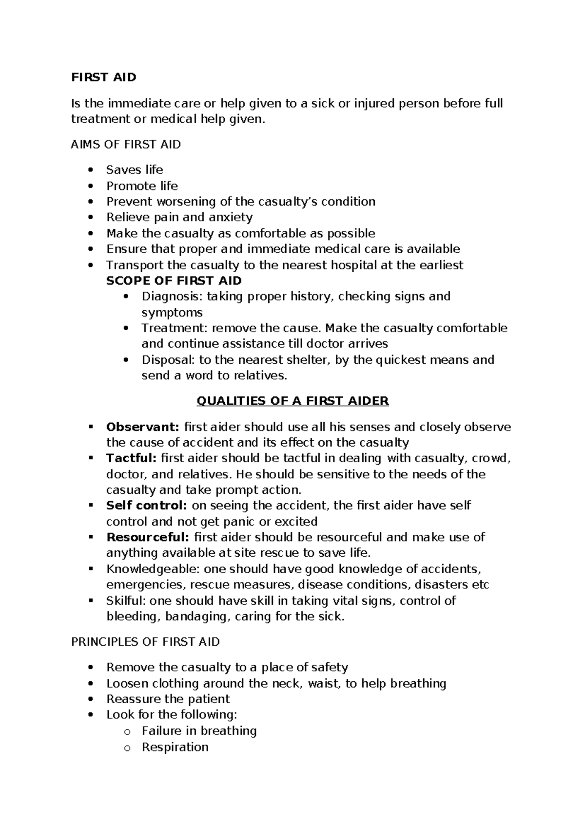 First aid - Notes - FIRST AID Is the immediate care or help given to a ...