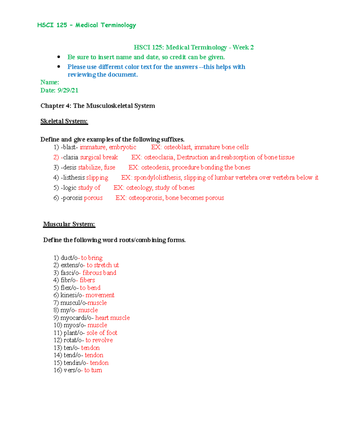 Medical Terminology- Assignment Week 2 - HSCI 125: Medical Terminology ...