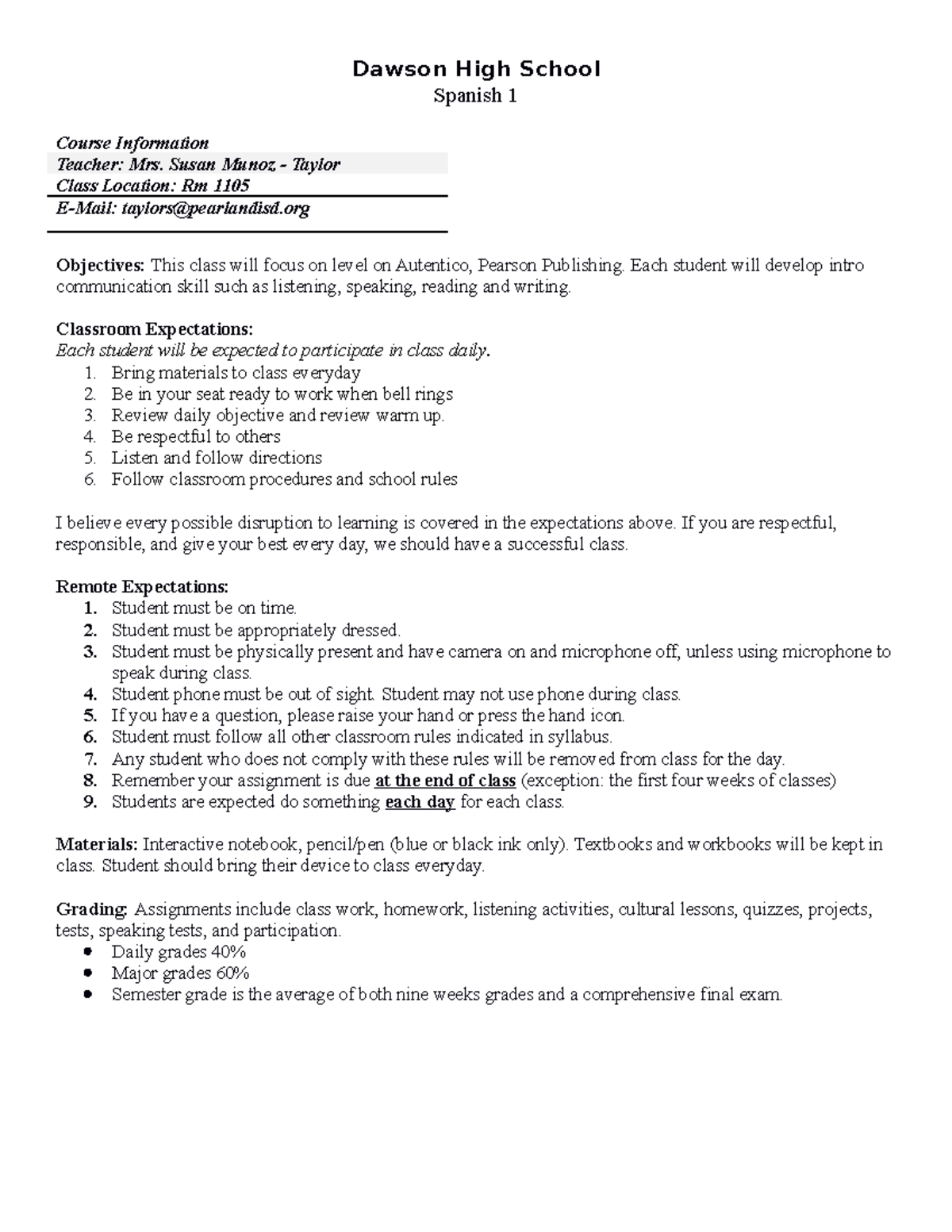 Munoz Syllabus 20-21 - This is a - Dawson High School Spanish 1 Course ...