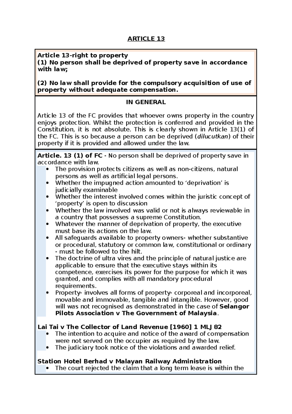 Article 13 - ARTICLE 13 Article 13-right to property (1) No person ...