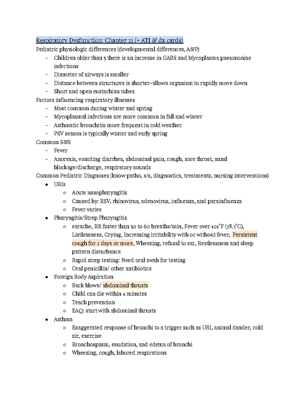 332 Exam #2 - A study guide for exam #2. - Respiratory Dysfunction ...