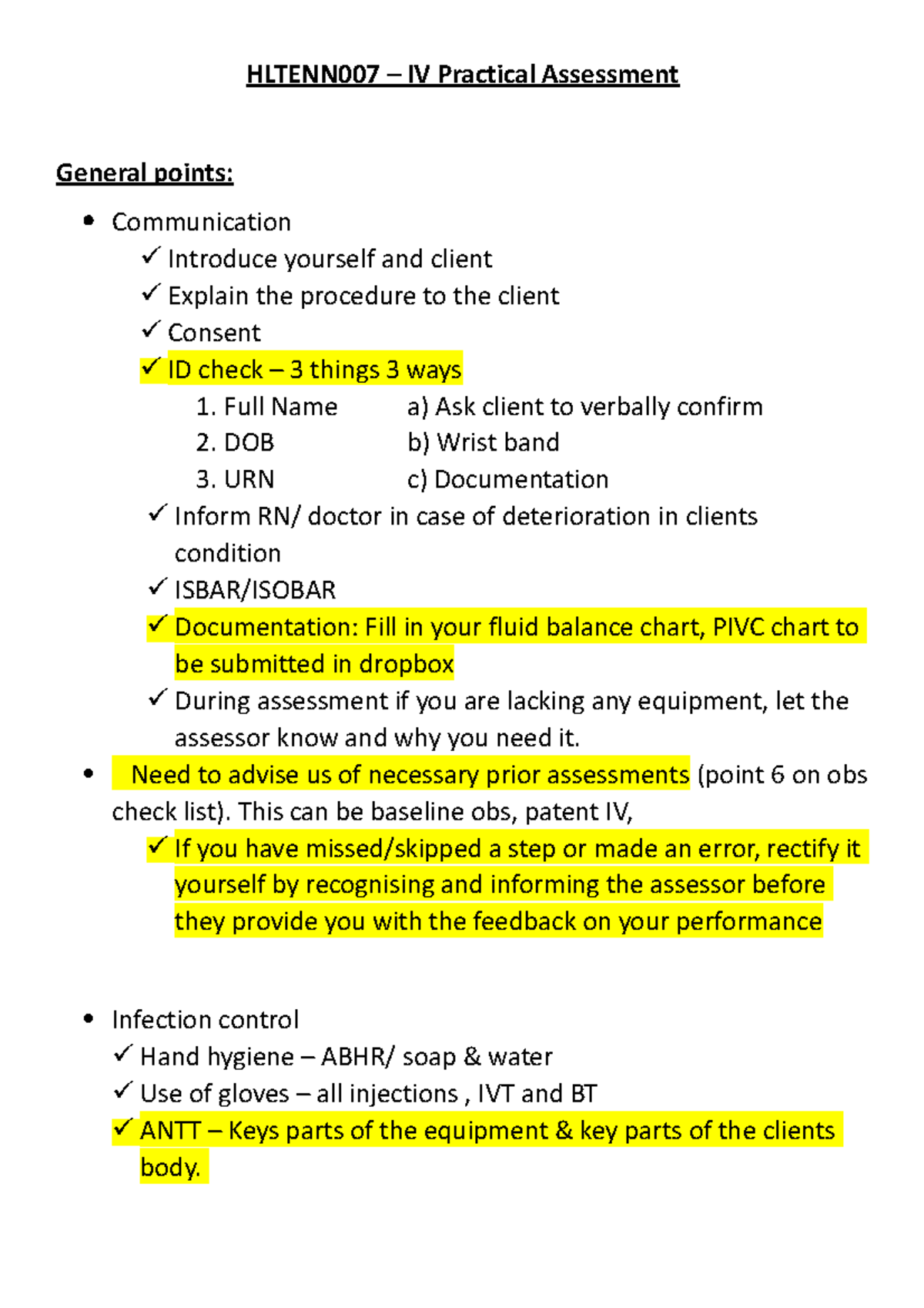 IV meds guide for Practical Assessment - HLTENN007 – IV Practical Assessment General points ...