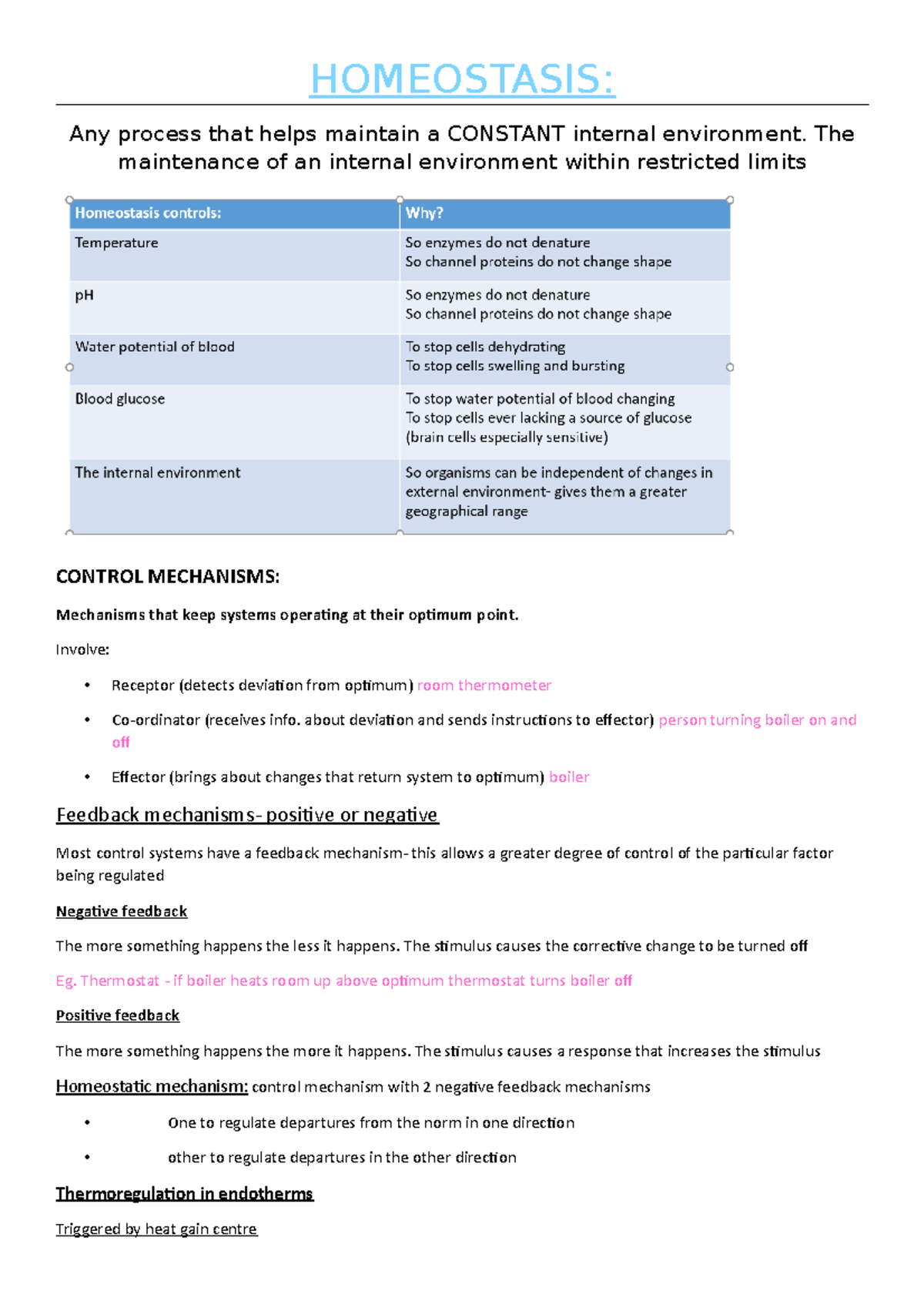 Homeostasis- intro - Lecture notes 9 - HOMEOSTASIS: Any process that ...