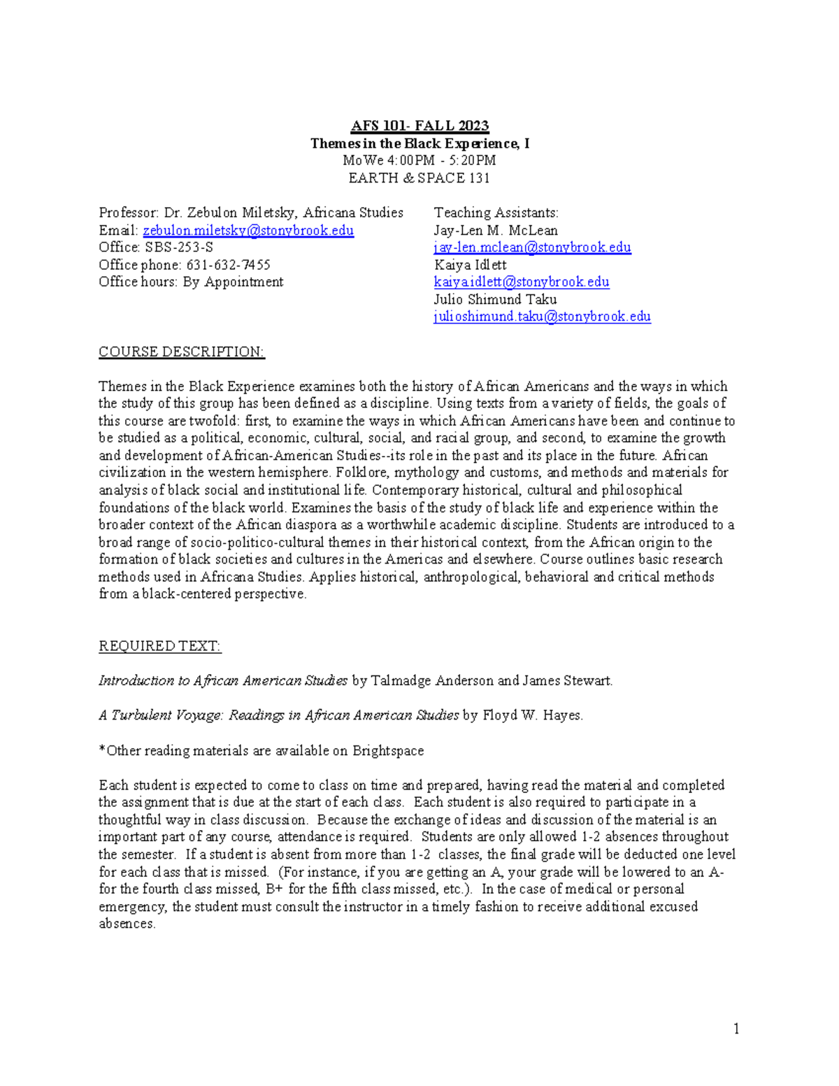 AFS 101 FALL 2023 - sylabus - AFS 101- FALL 2023 Themes in the Black Experience, I MoWe 4:00PM ...