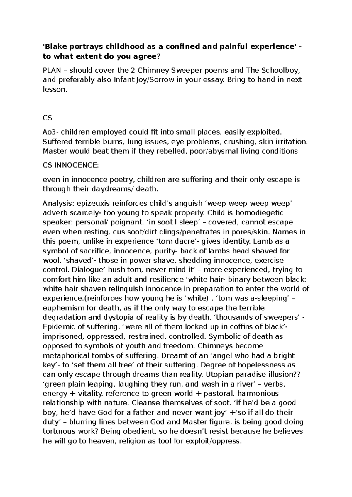 Blake - incomplete essay plan - 'Blake portrays childhood as a confined ...