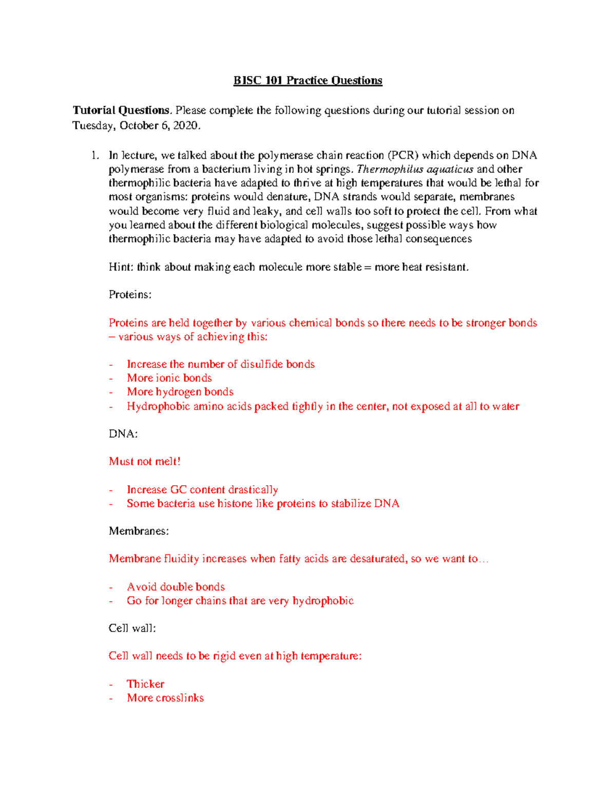 BISC Tutorial 4 Practice Questions Answer Key Fall 2020 - BISC 101 ...