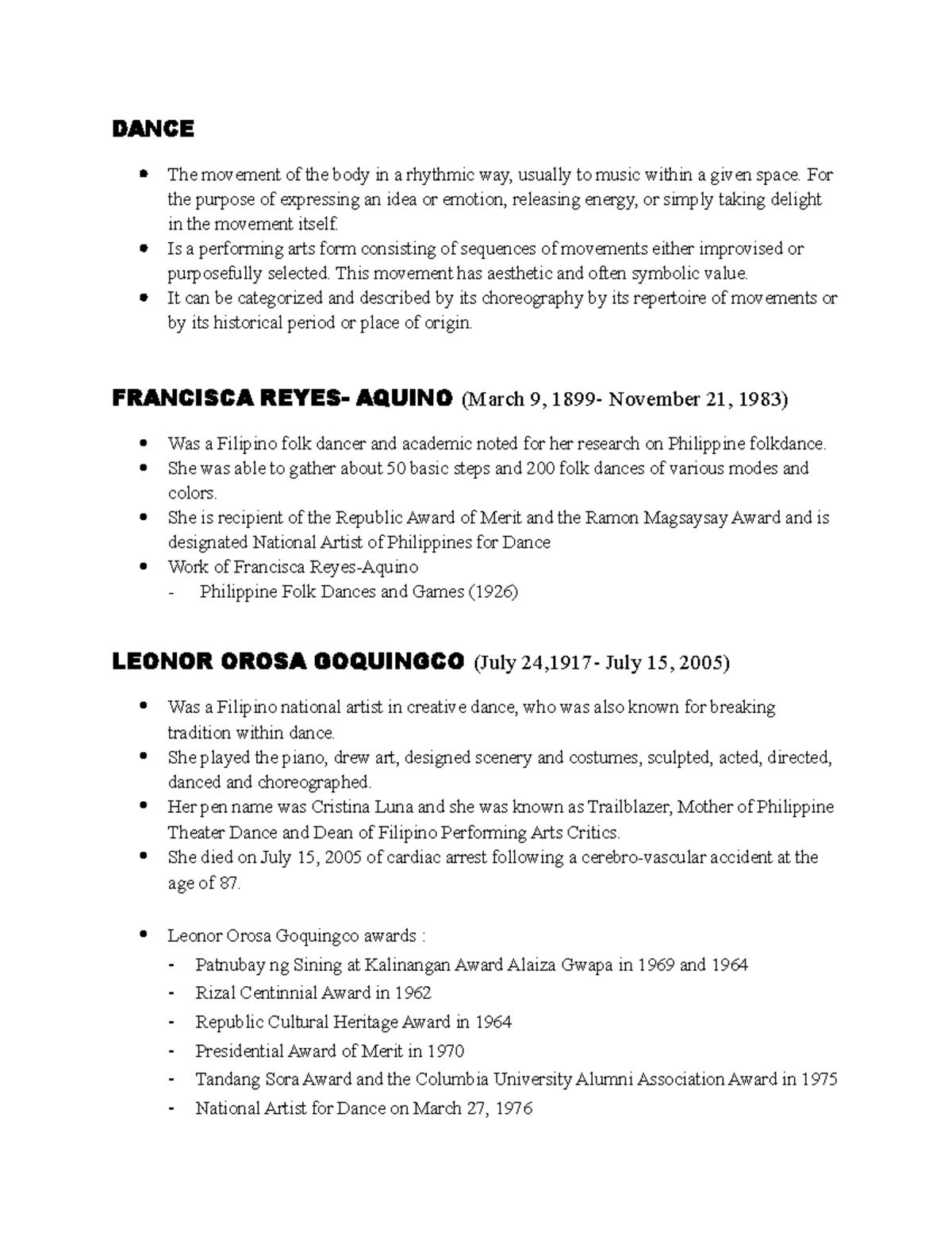 Contemporary ARTS - notes - DANCE The movement of the body in a ...