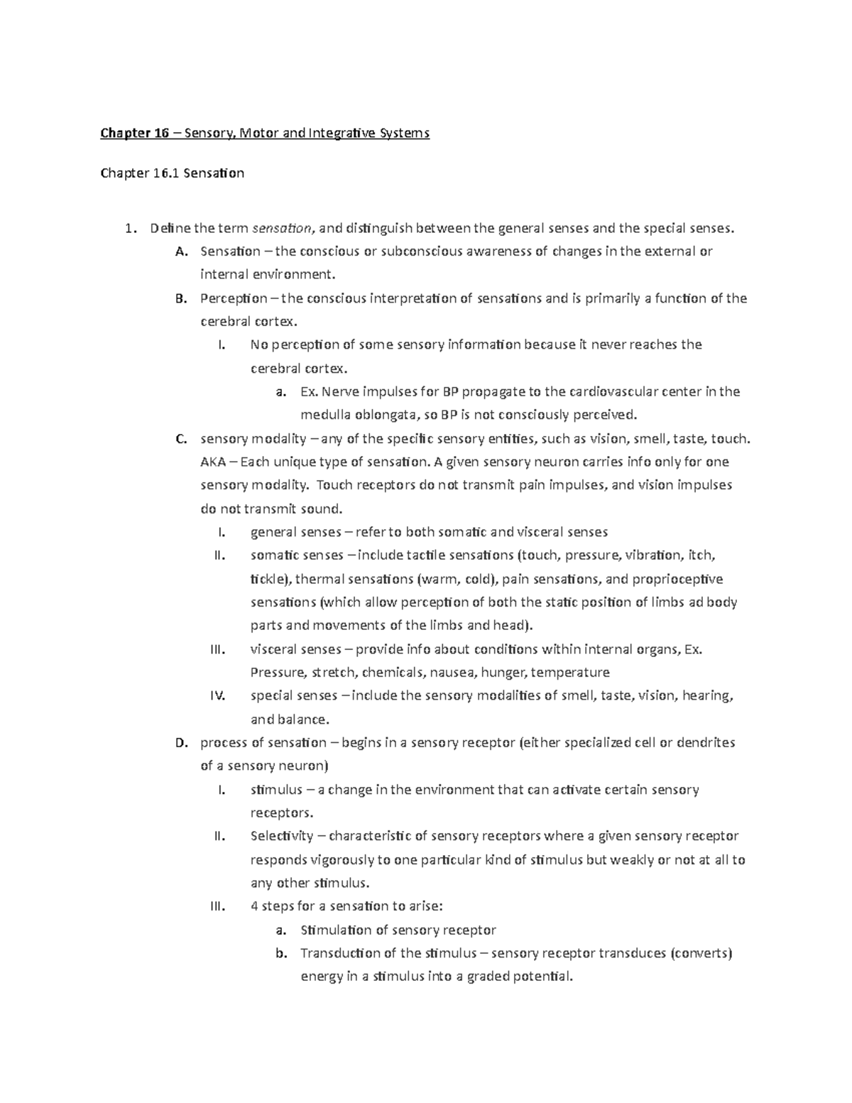 Chapter 16 – Sensory, Motor and Integrative Systems - Chapter 16 ...