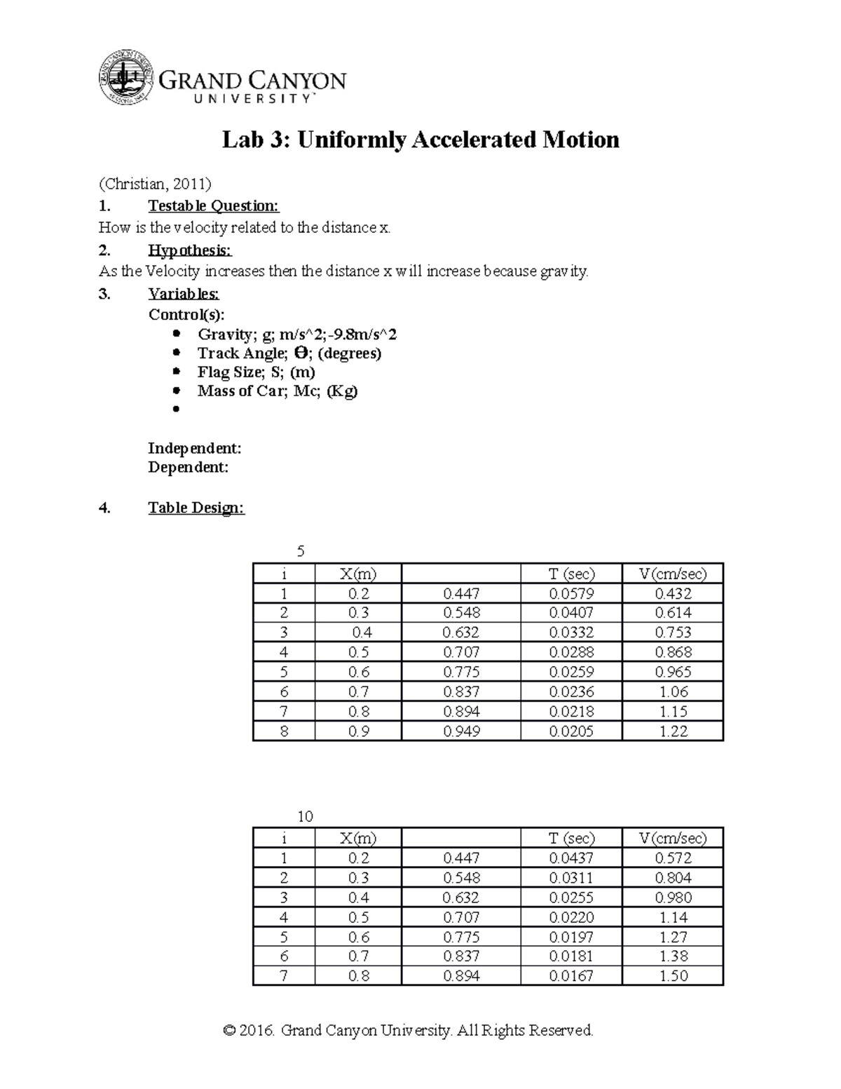 PHY-111L-RS-Lab3 Uniformly Accelerated Motion - Lab 3: Uniformly Accelerated Motion (Christian ...