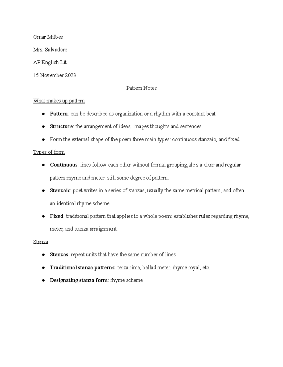 English Pattern Notes - Omar Milbes Mrs. Salvadore AP English Lit. 15 ...