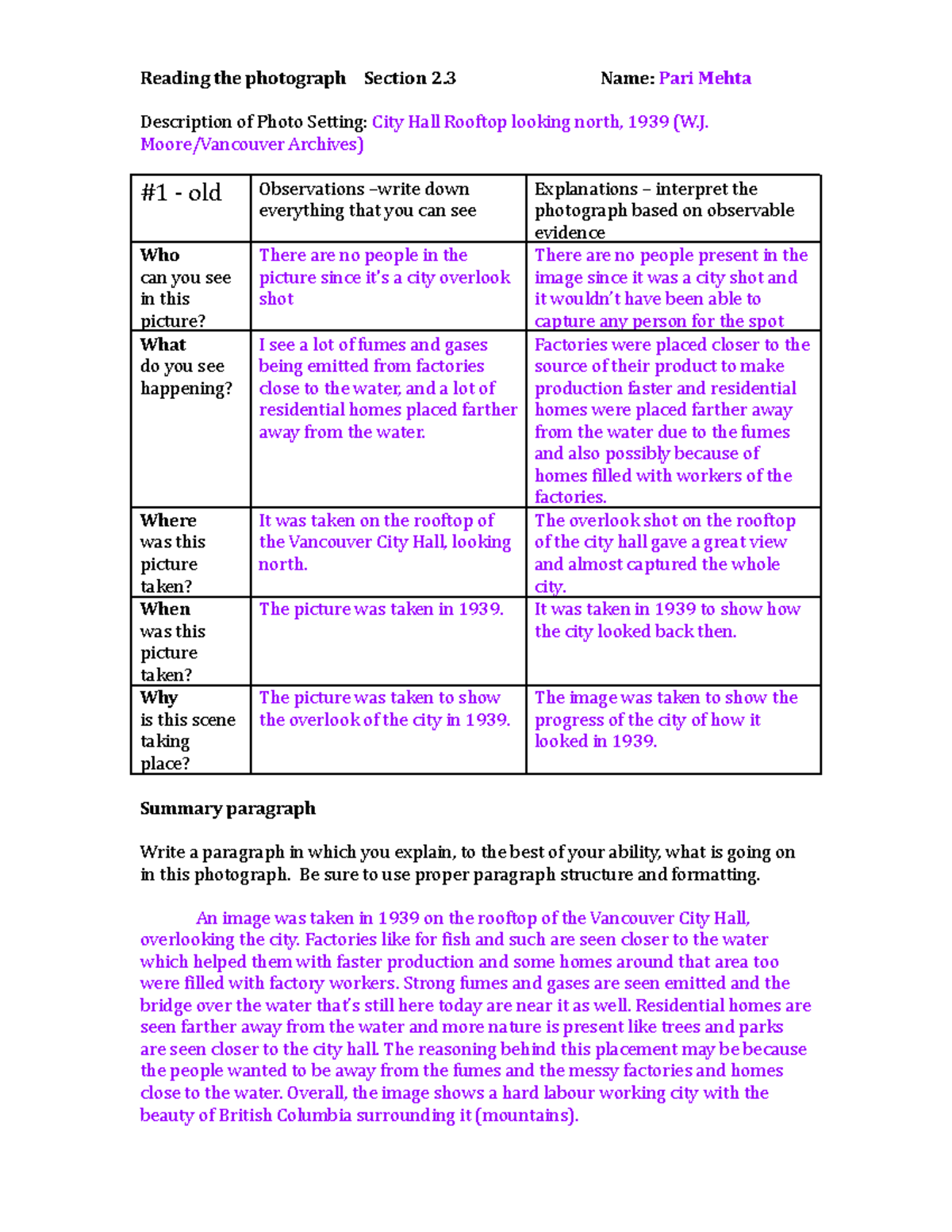 SS 10 2.3 Assignment - Reading the photograph Section 2 Name: Pari ...