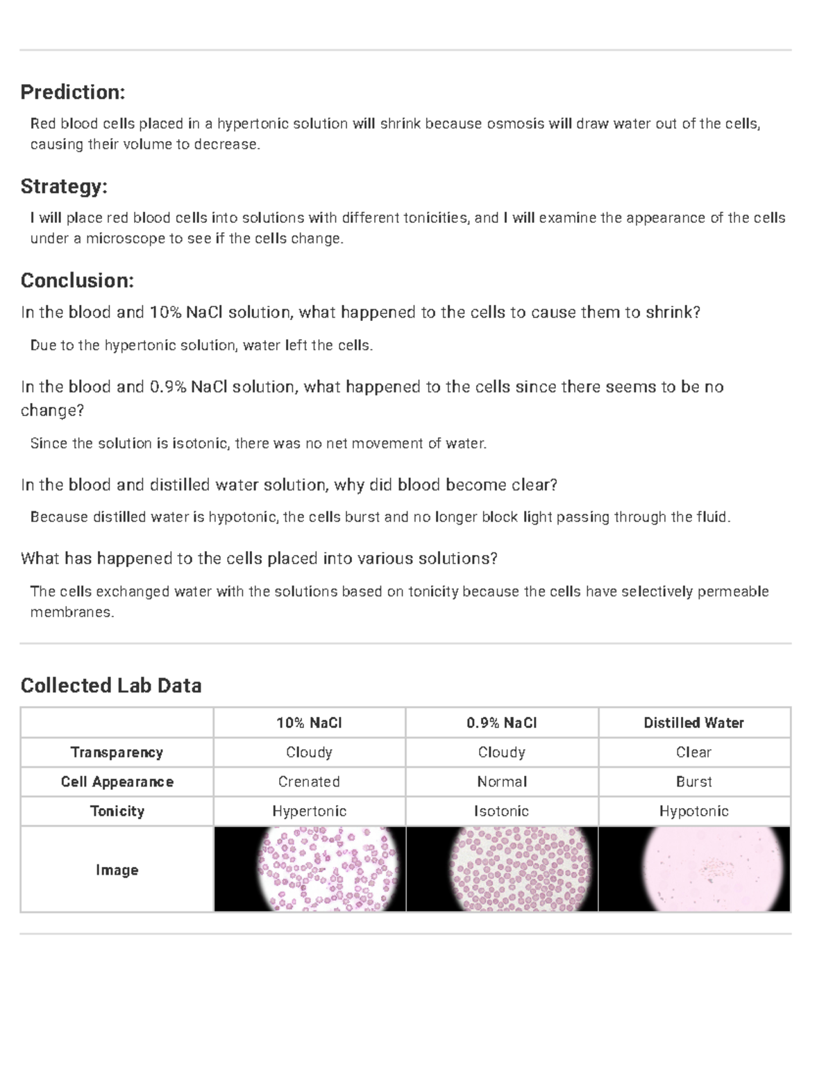 Lab 3C Osmosis in Blood Cells - Student: Evan Leal Prediction: Red blood cells placed in a - Studocu