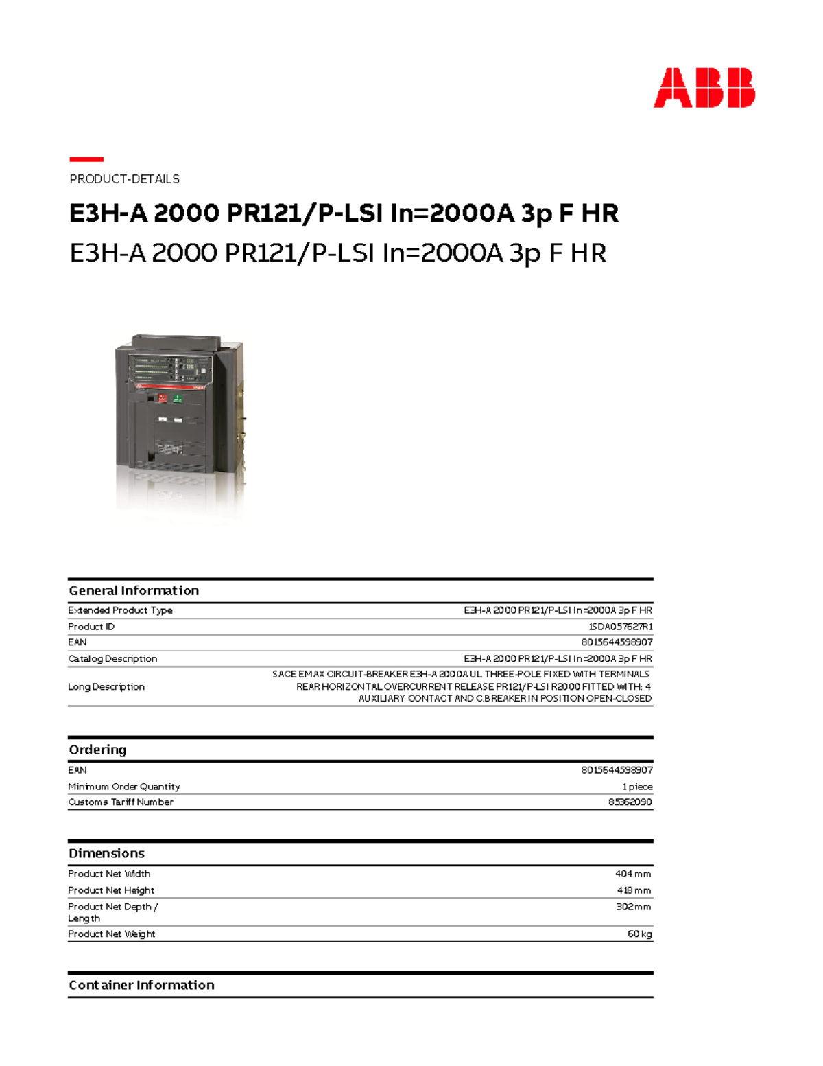 1SDA057627 R1 e3h a 2000 pr121 p lsi in 2000 a 3p f hr - E3H-A 2000 ...