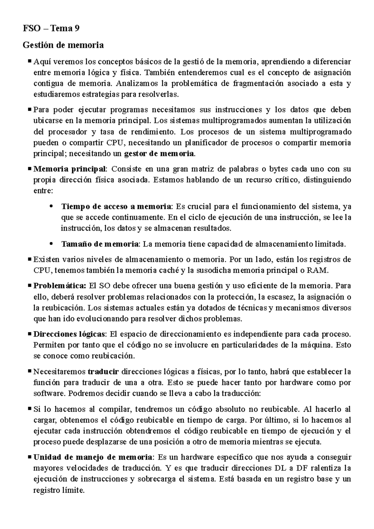 FSO - Tema 9 - Resumen de las trasparencias del tema - Fundamentos de sistemas operativos - Studocu