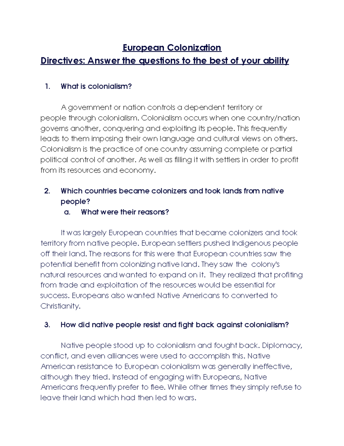 European Colonization - European Colonization Directives: Answer the ...