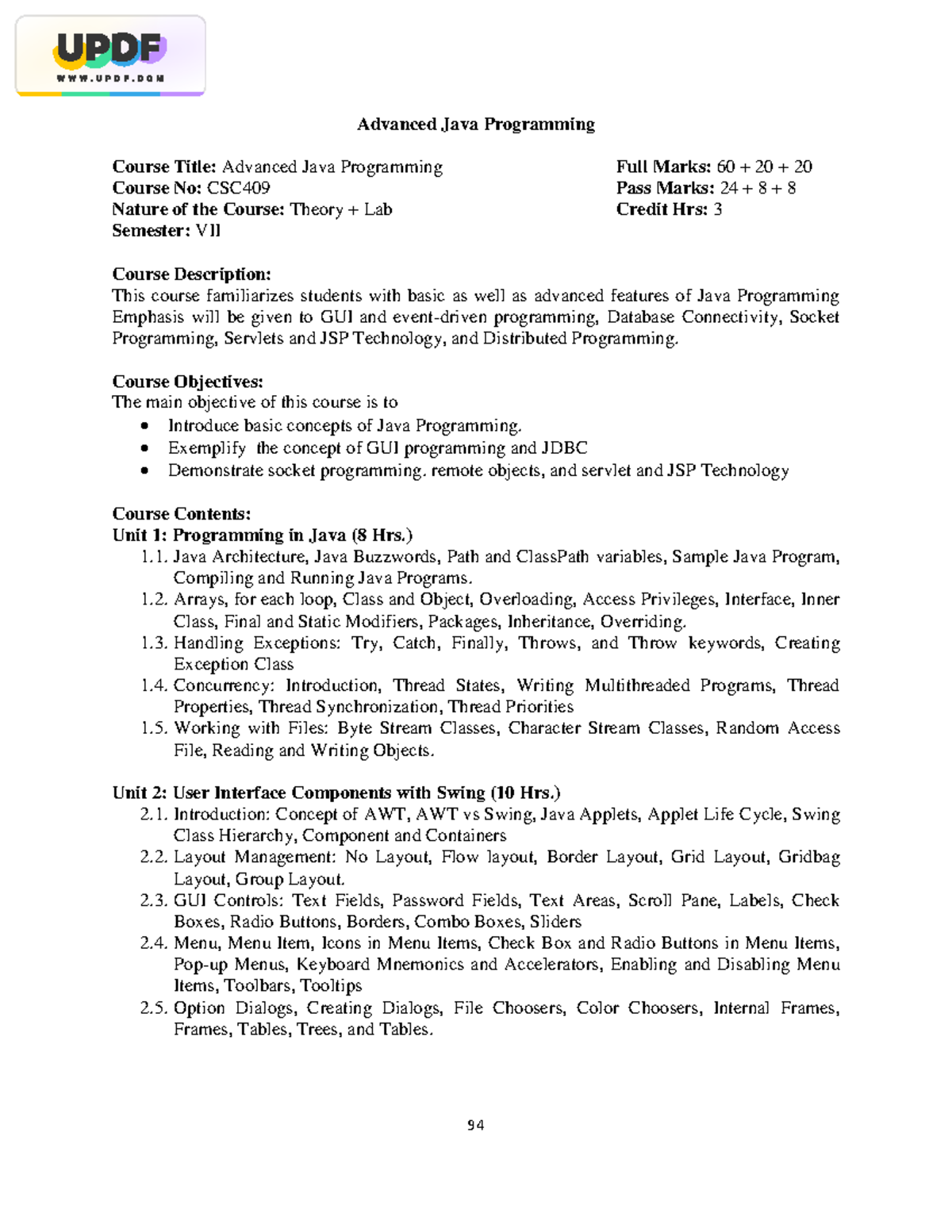 B - syllab - Advanced Java Programming Course Title: Advanced Java Programming Full Marks: 60 ...