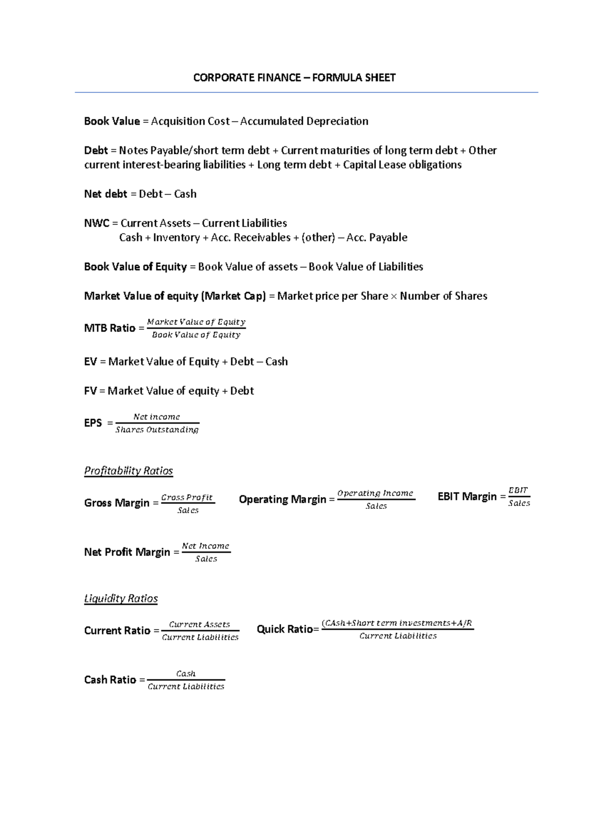 Formulario - CORPORATE FINANCE – FORMULA SHEET Book Value = Acquisition Cost – Accumulated - Studocu