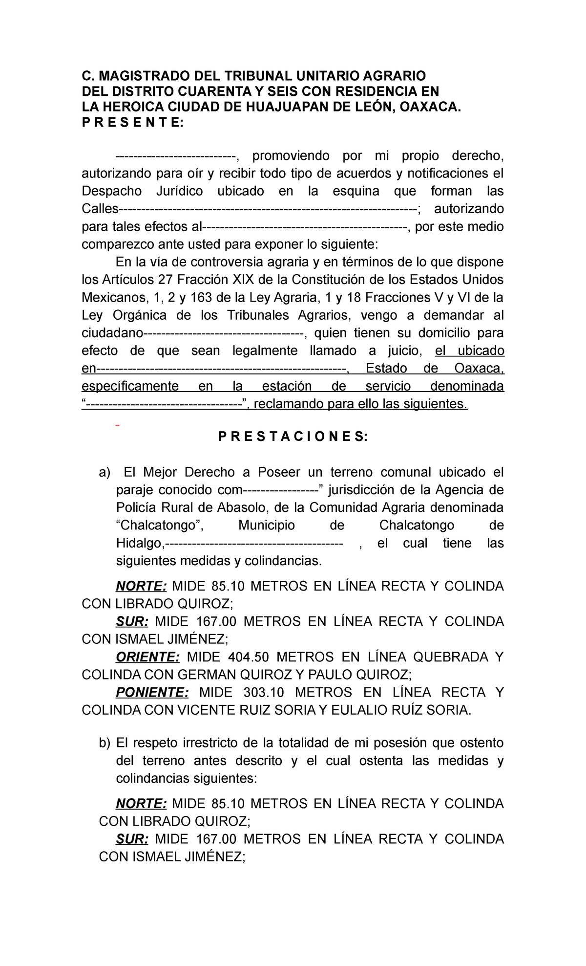 Demanda Agraria - C. MAGISTRADO DEL TRIBUNAL UNITARIO AGRARIO DEL ...
