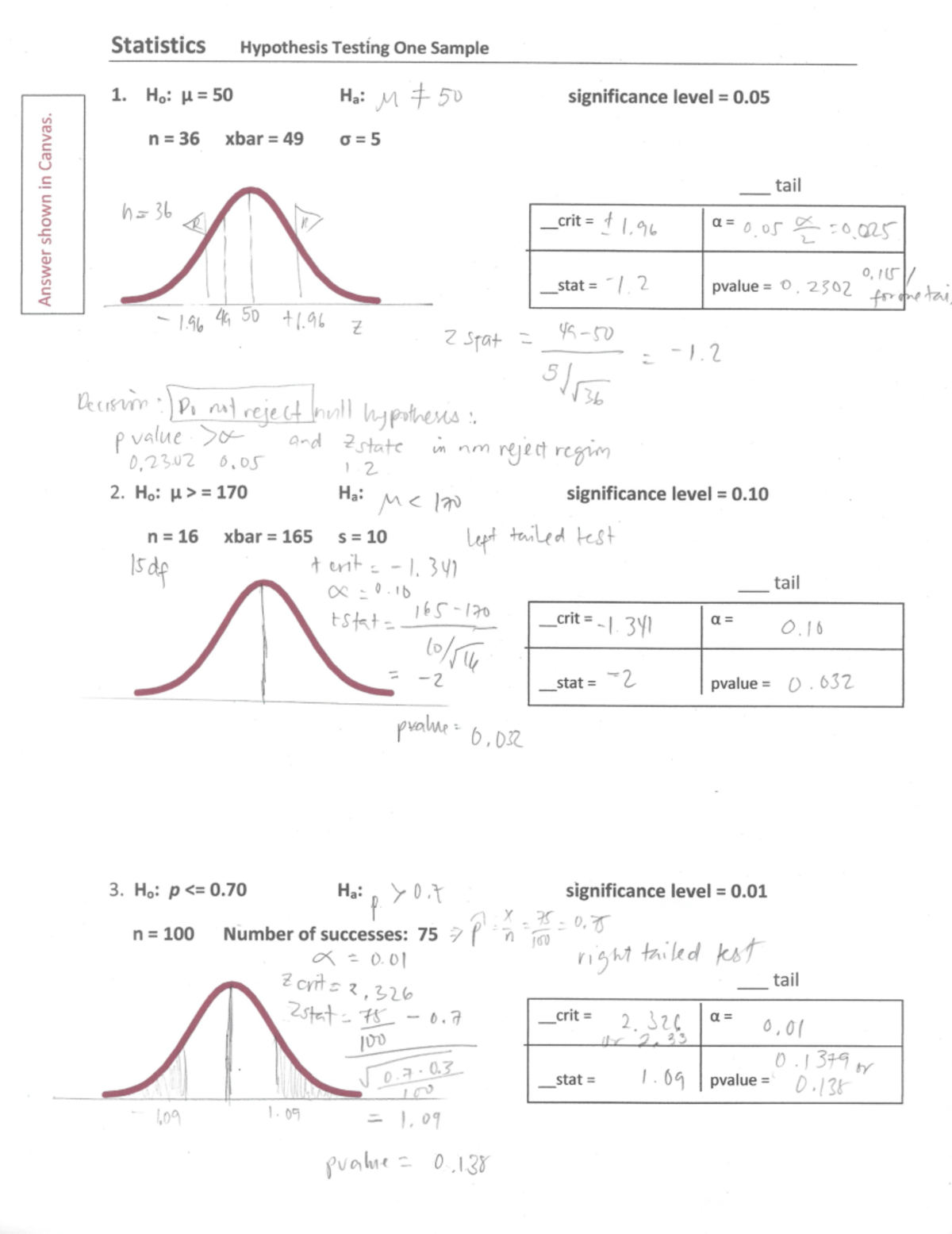 Review HT 1 - NOTES - Statistics Hypothesis Testing One Sample 1. Ho ...