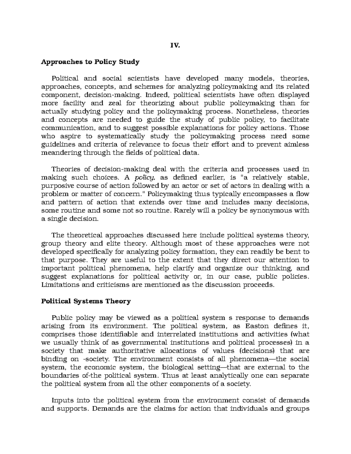 Policy Models - IV. Approaches to Policy Study Political and social ...