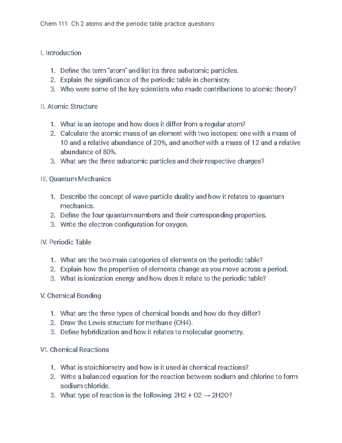 Chem 111 Ch 2 atoms and the periodic table practice questions - I ...