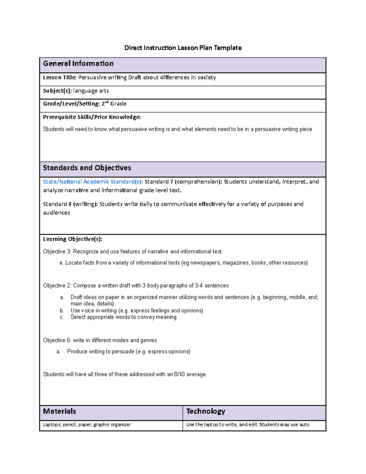 Lp direct instruction lesson plan template - Direct Instruction Lesson ...